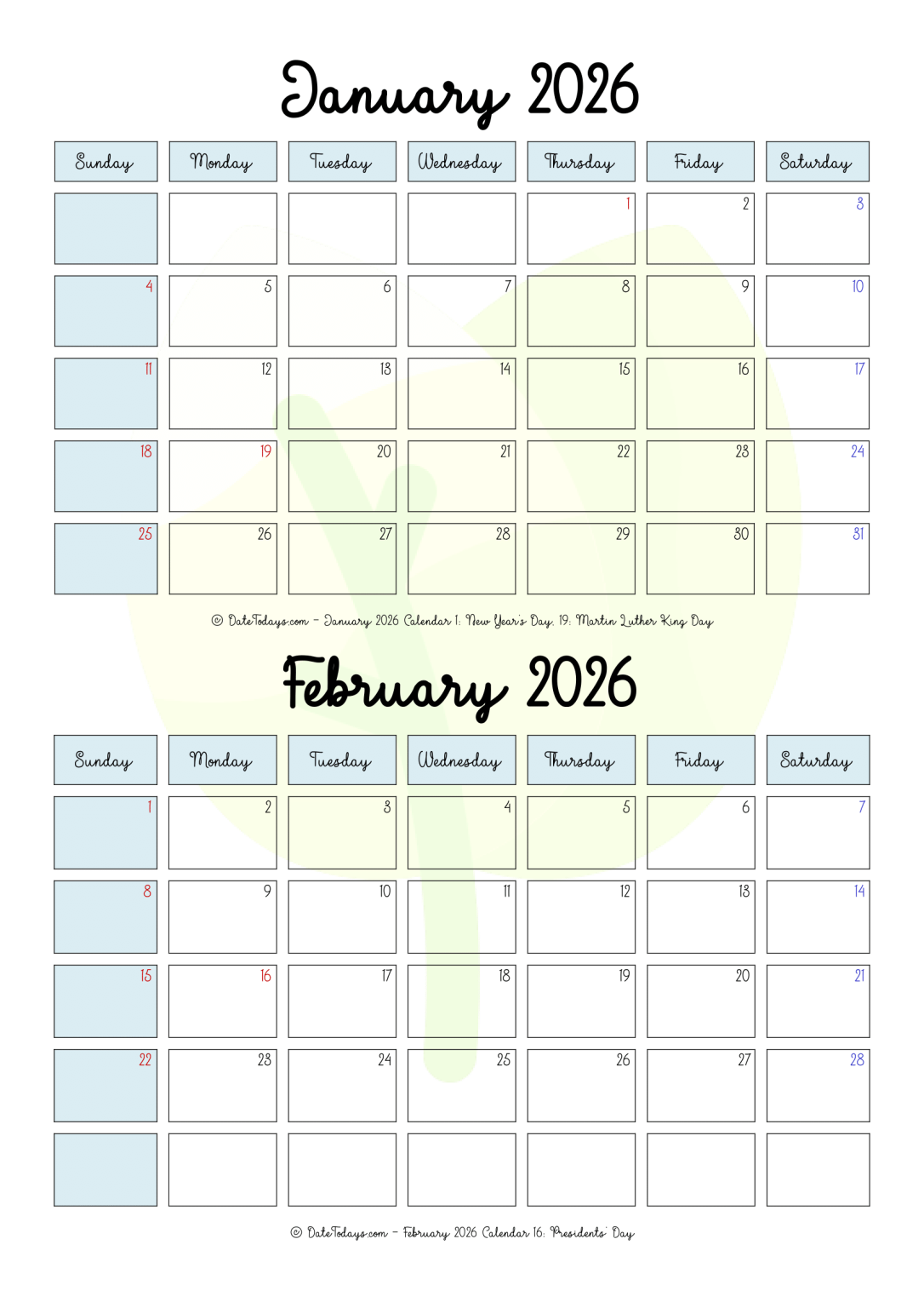 January February 2026 Calendar Printable PDF - 2 Month Calendar