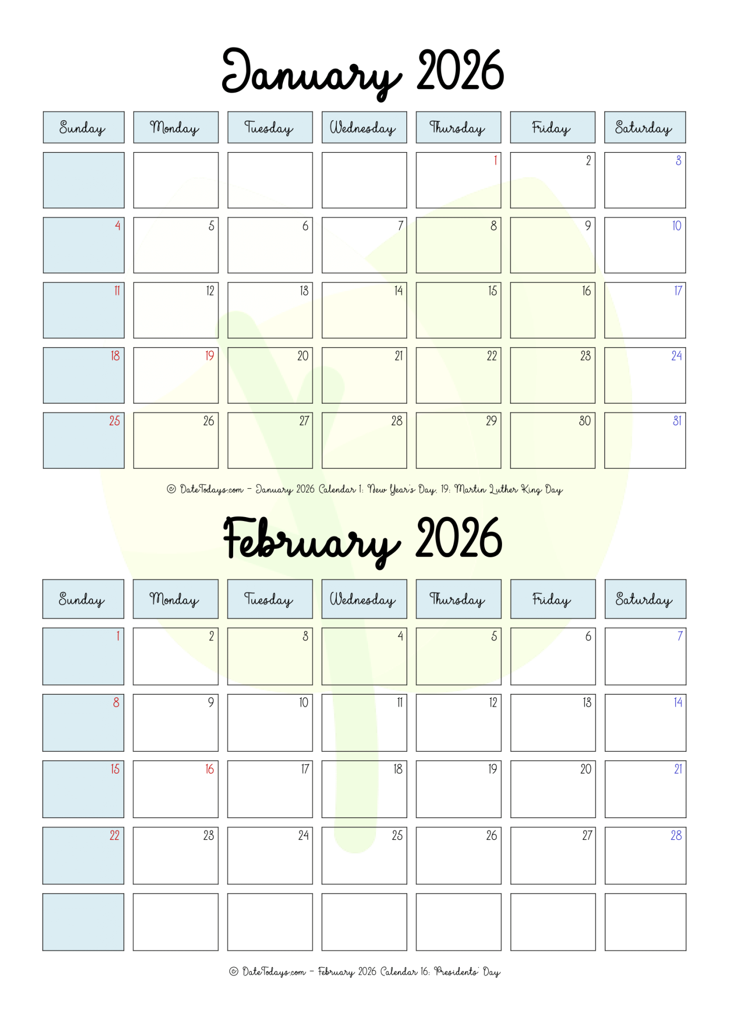January February 2026 Calendar Printable PDF - 2 Month Calendar