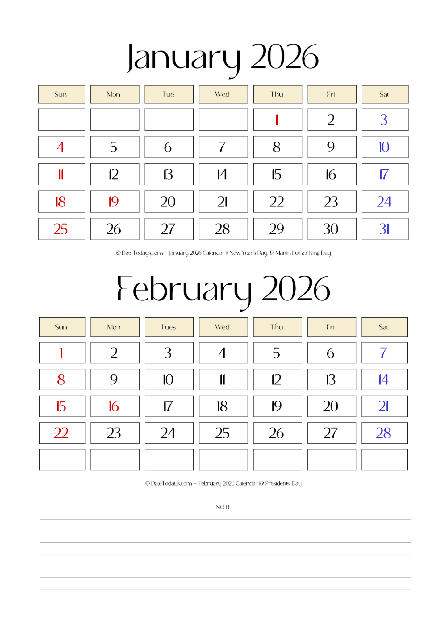 January February 2026 Calendar Printable PDF - 2 Month Calendar