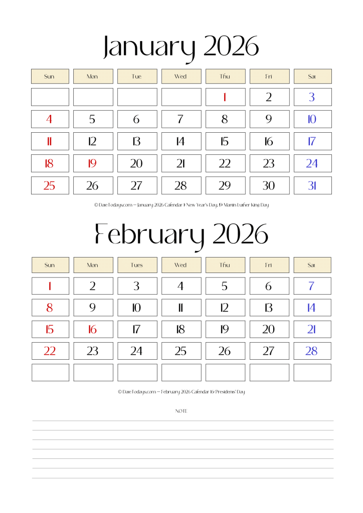 January February 2026 Calendar Printable PDF - 2 Month Calendar