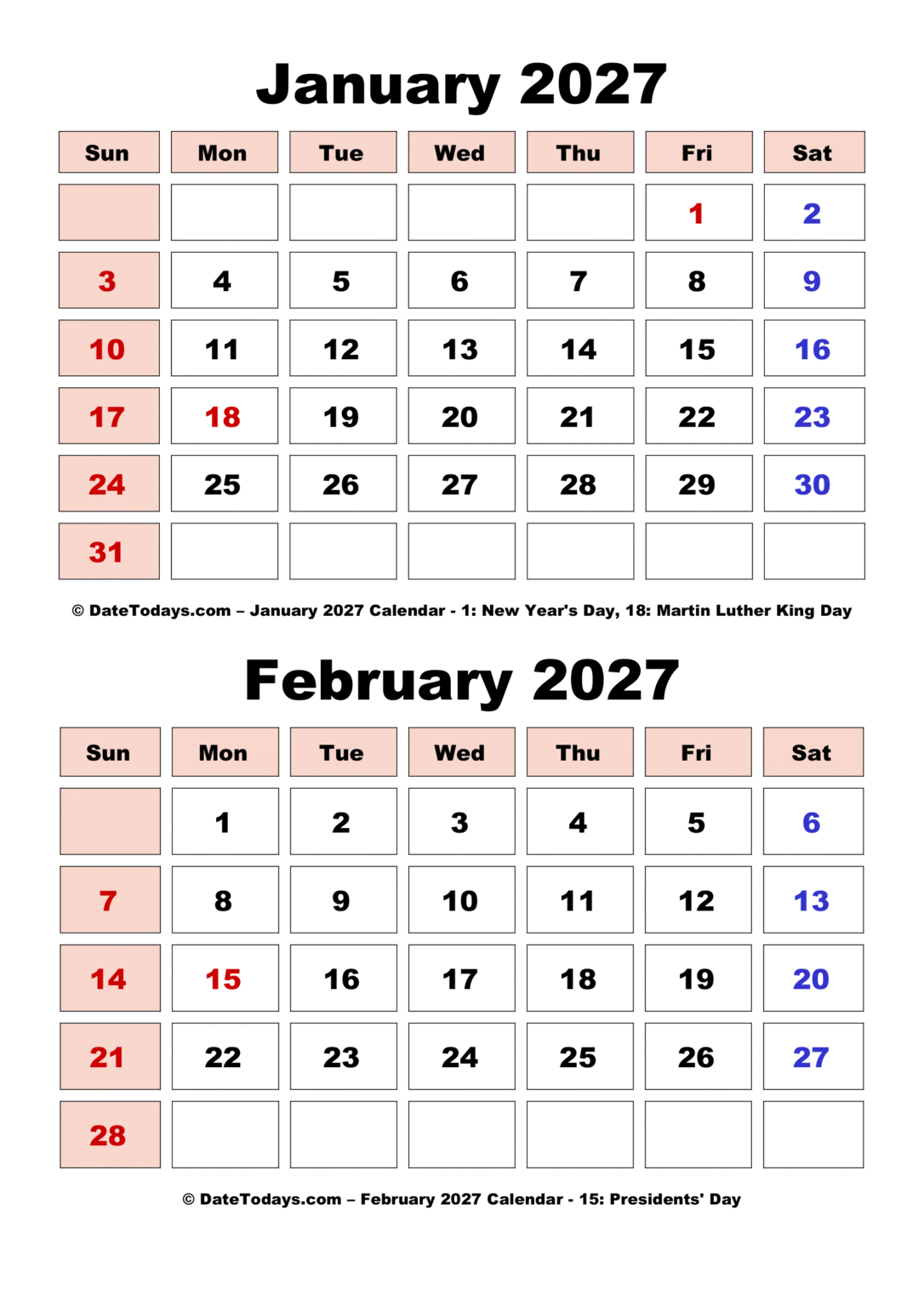 January February 2027 Calendar Printable