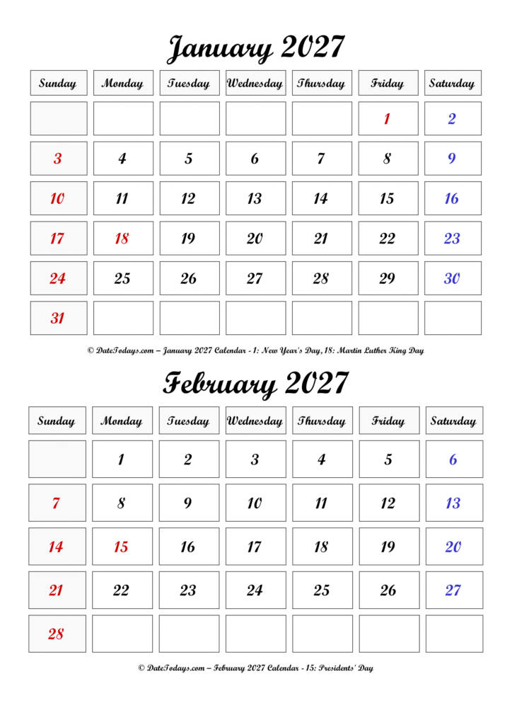 January February 2027 Calendar Printable