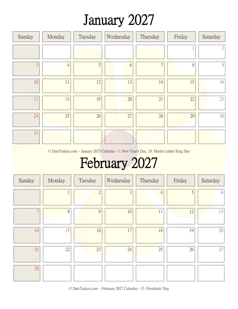 January February 2027 Calendar Printable