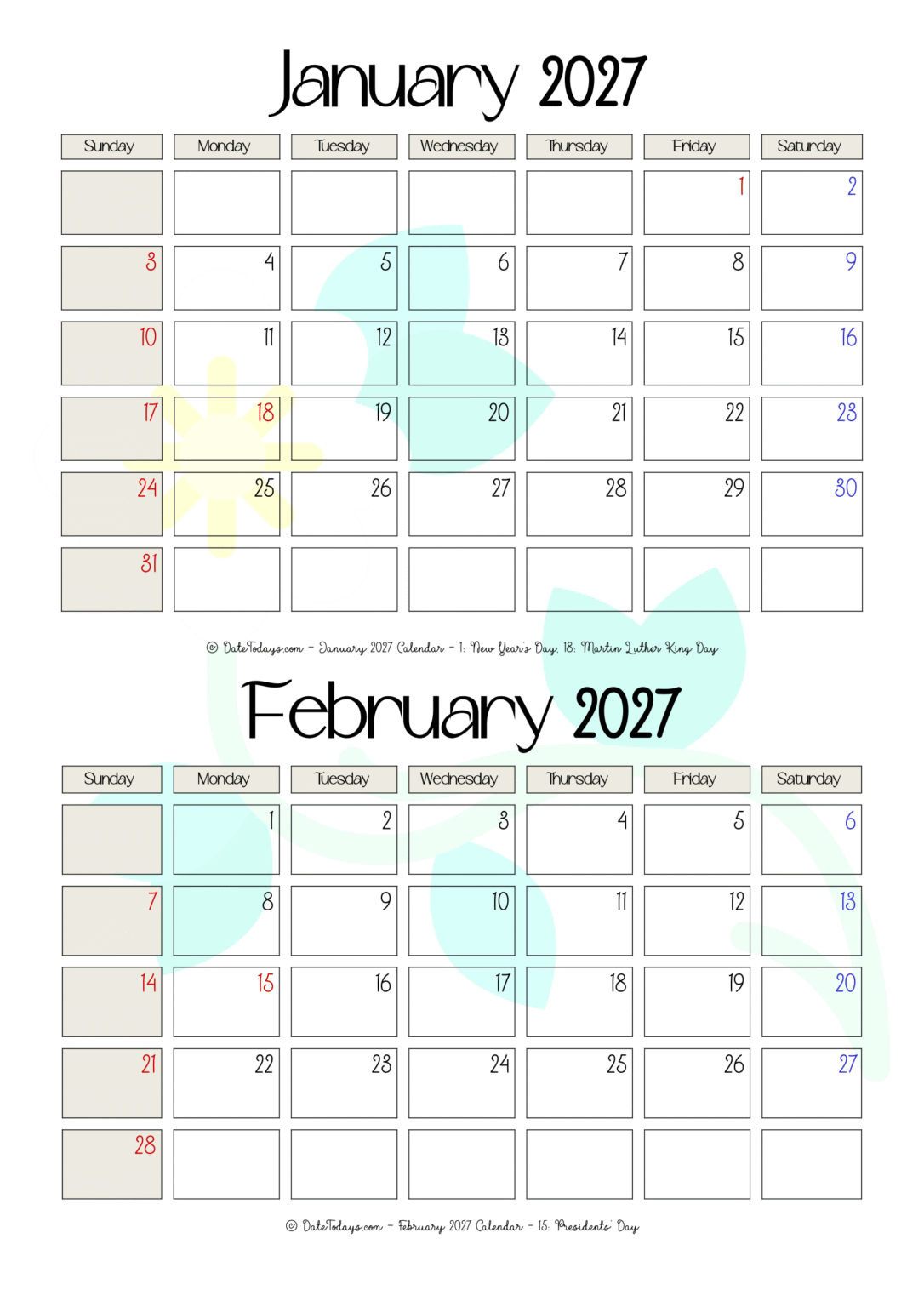 January February 2027 Calendar Printable