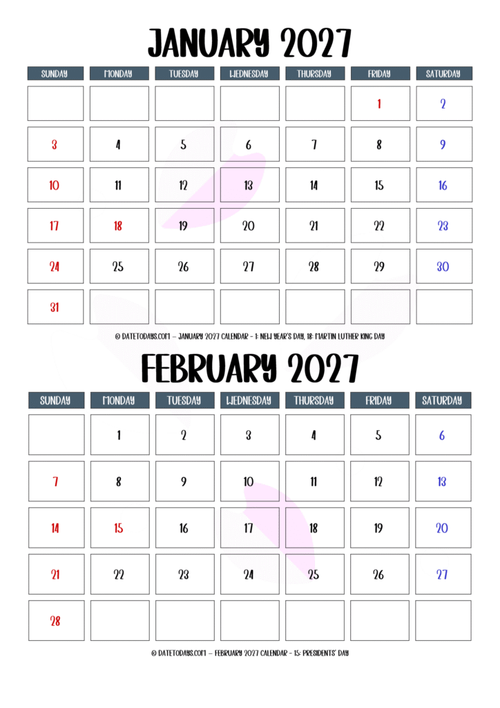 January February 2027 Calendar Printable
