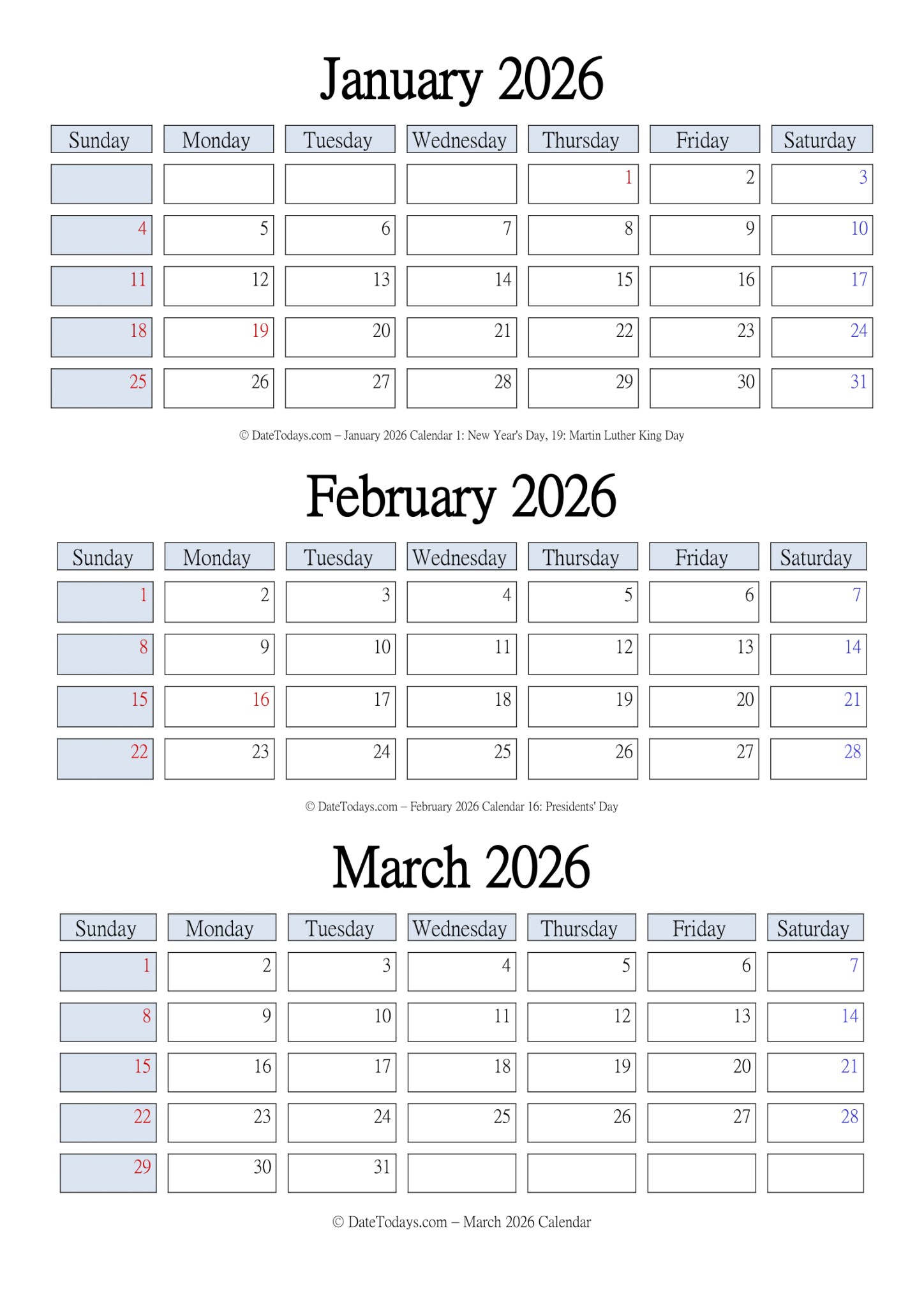 January February March 2026 Calendar Printable