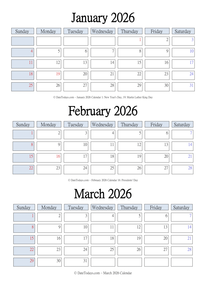 January February March 2026 Calendar Printable