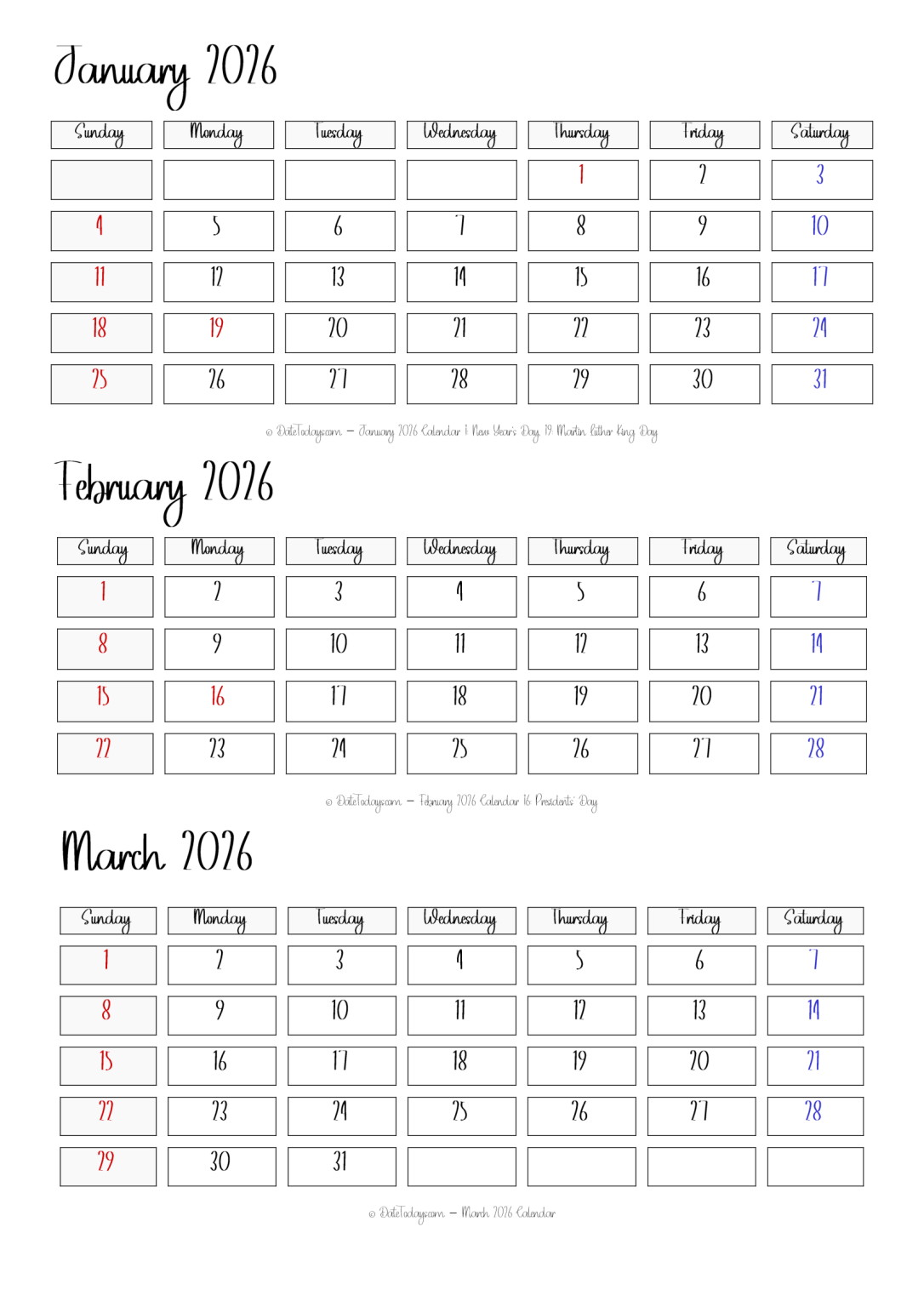 January February March 2026 Calendar Printable