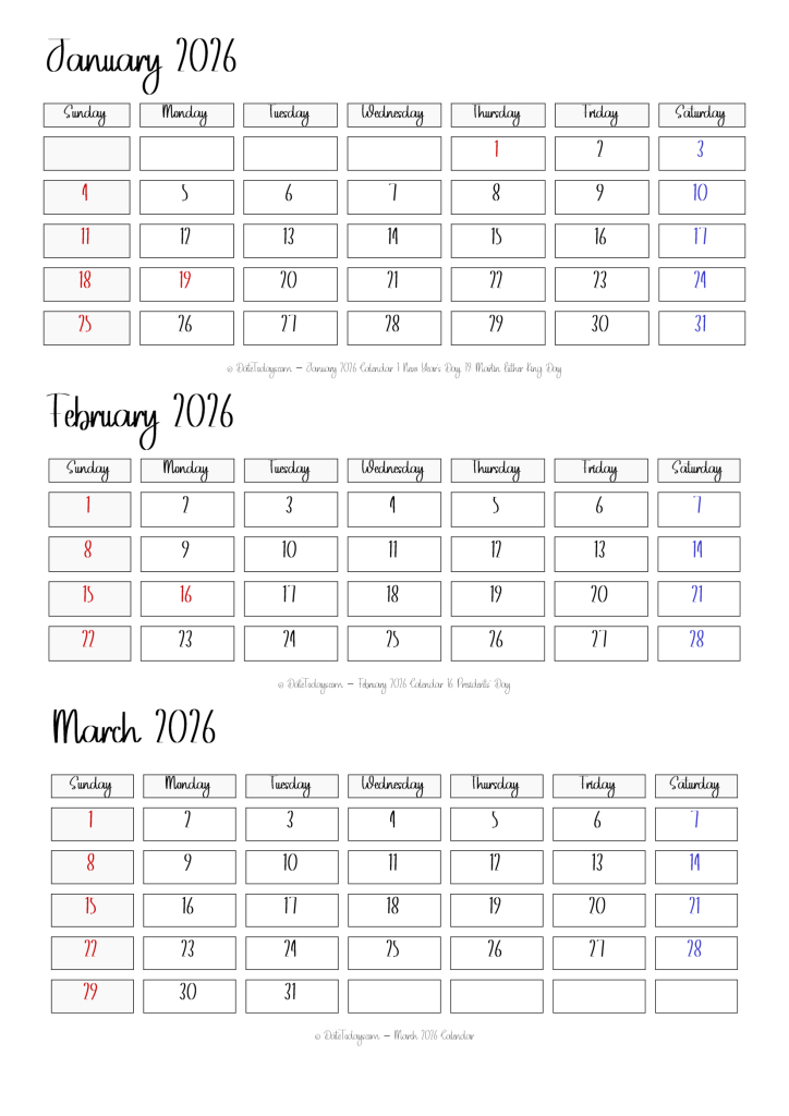 January February March 2026 Calendar Printable