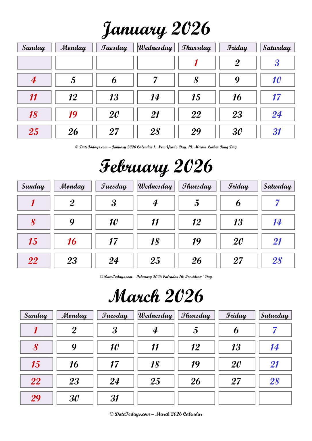 January February March 2026 Calendar Printable