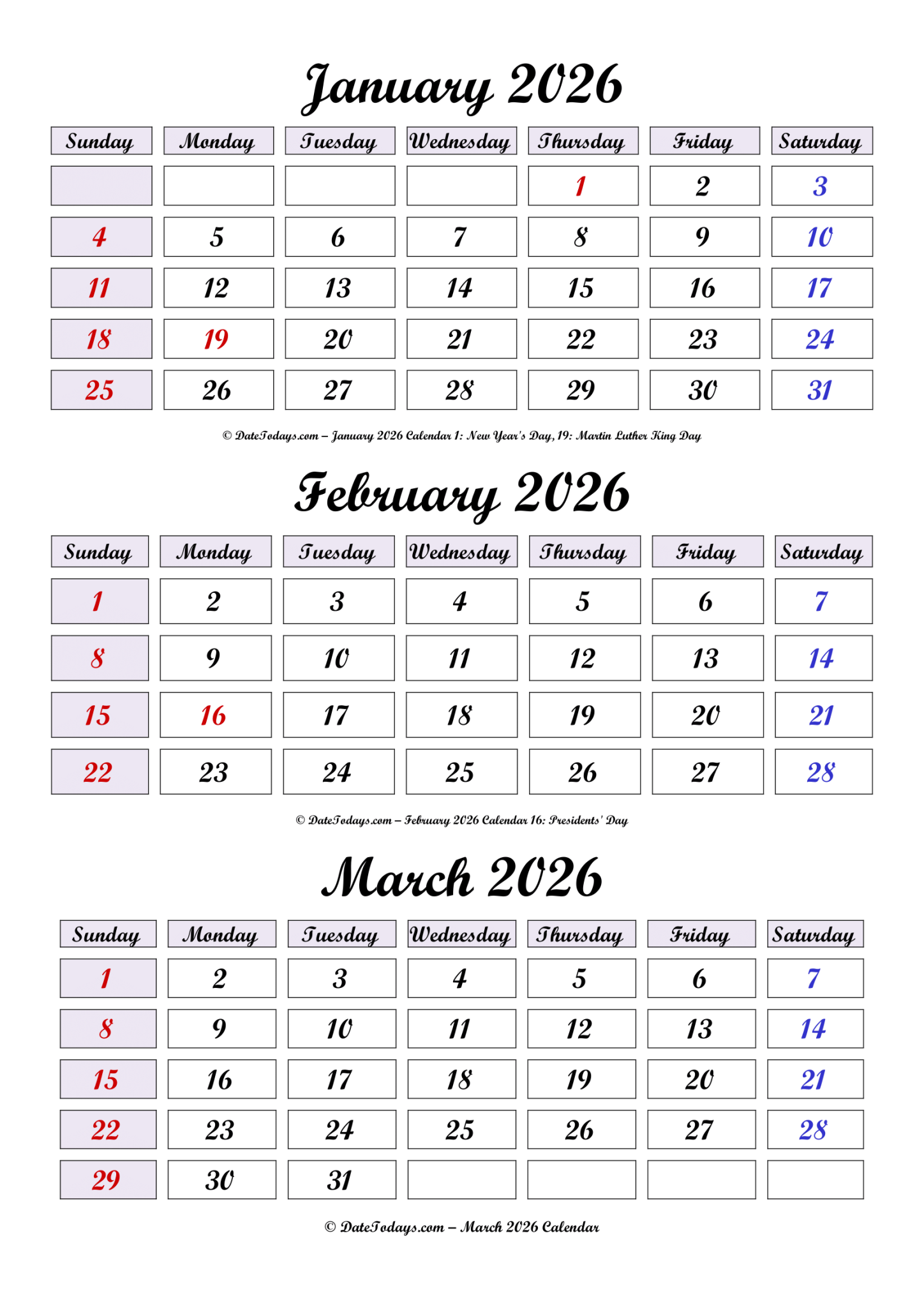 January February March 2026 Calendar Printable
