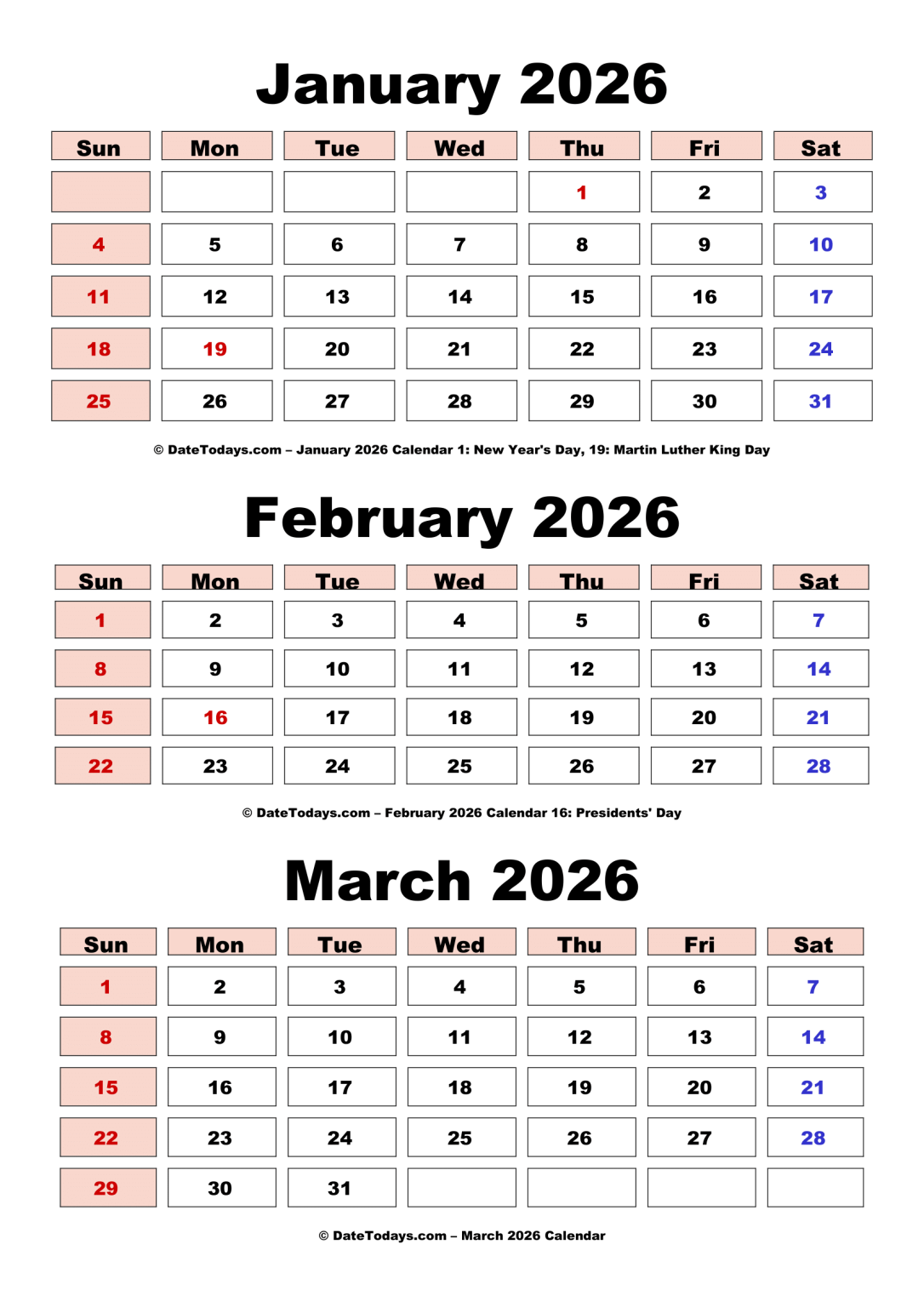 January February March 2026 Calendar Printable