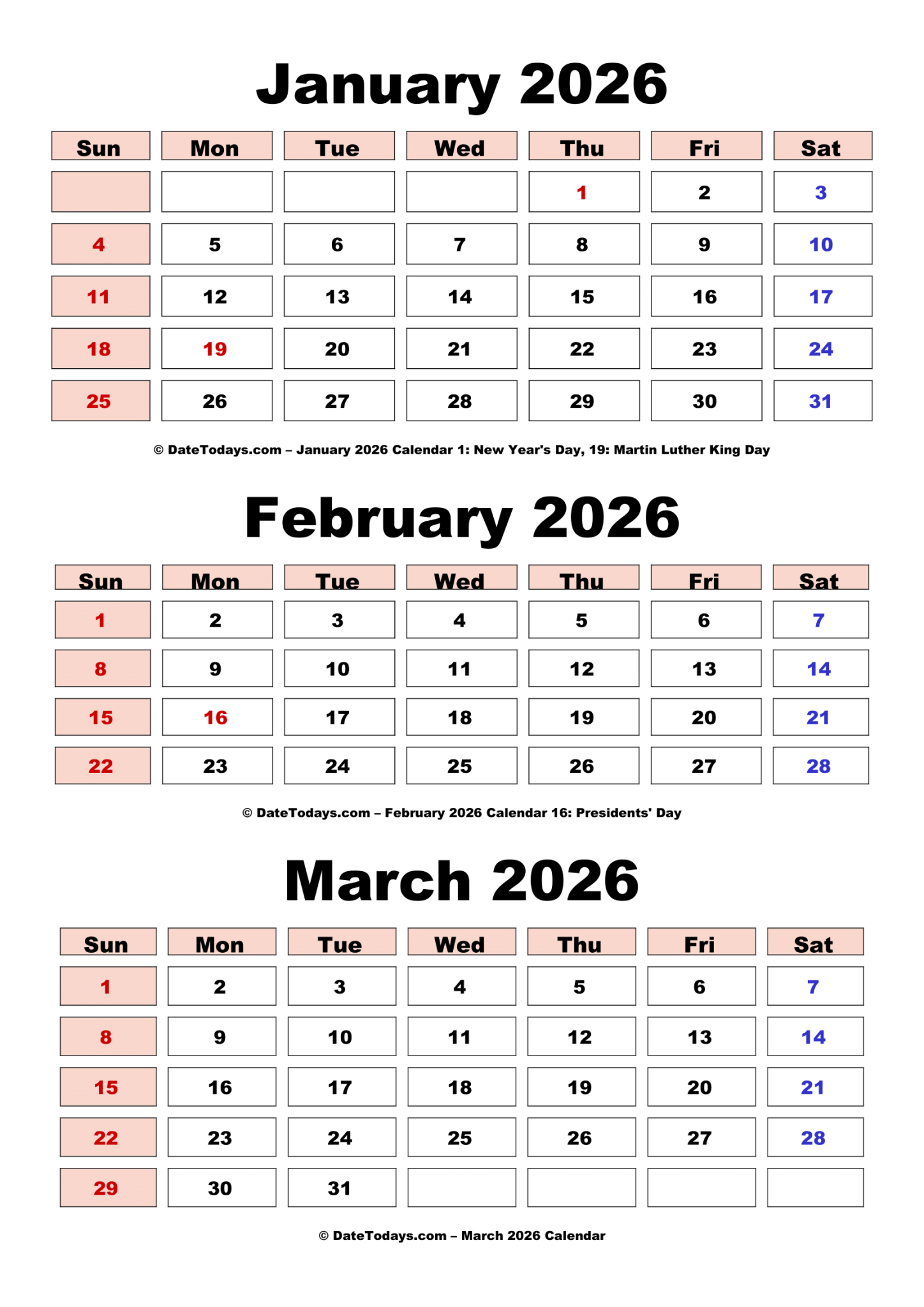 January February March 2026 Calendar Printable