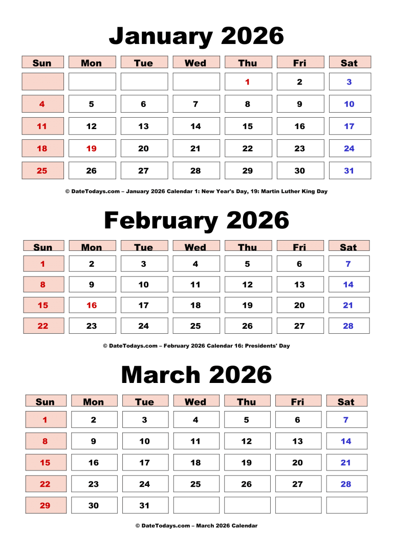 January February March 2026 Calendar Printable