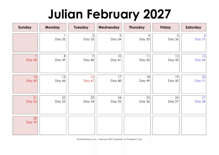 Printable Julian Date Calendar 2027 - Date Today's