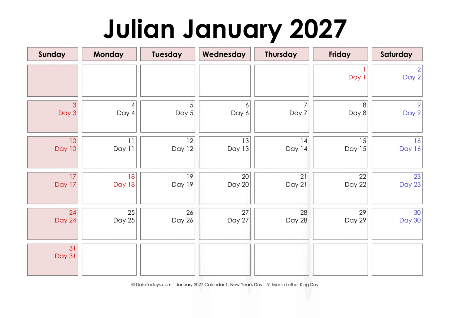 Printable Julian Date Calendar 2027 - Date Today's