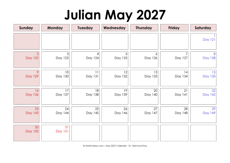 Printable Julian Date Calendar 2027 - Date Today's