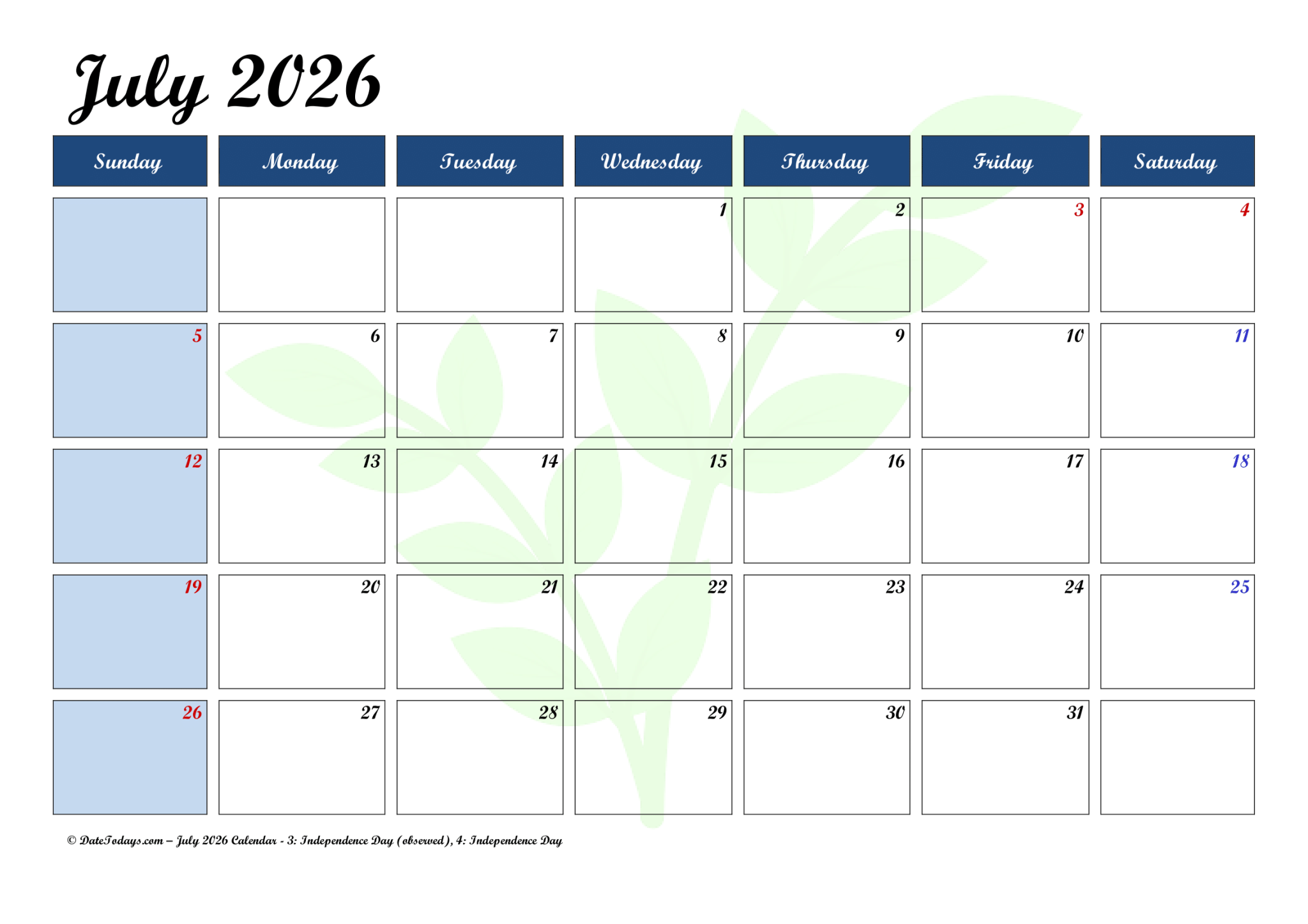 July 2026 Calendar with Holidays Printable PDF