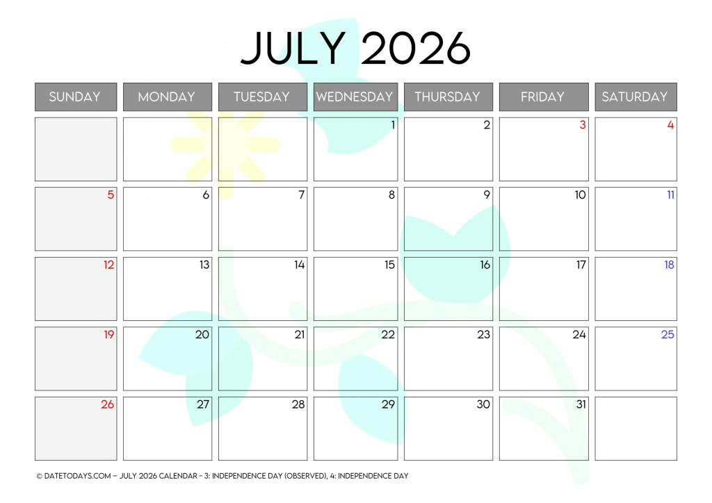 July 2026 Calendar with Holidays Printable PDF