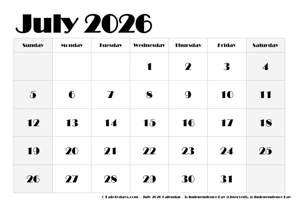 July 2026 Calendar with Holidays Printable PDF