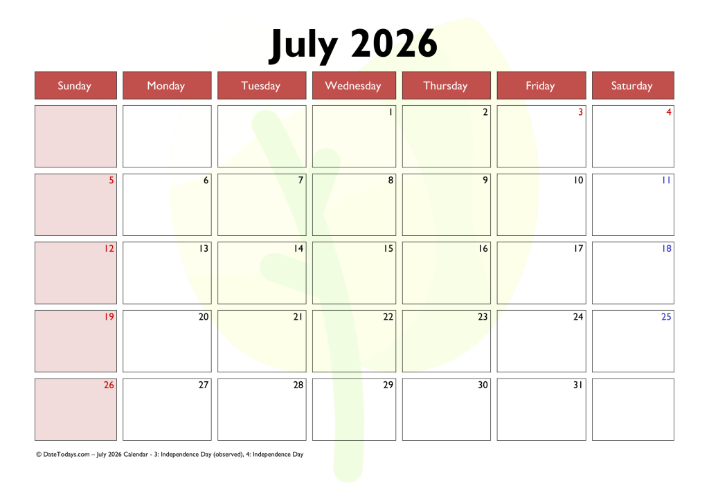 July 2026 Calendar with Holidays Printable PDF