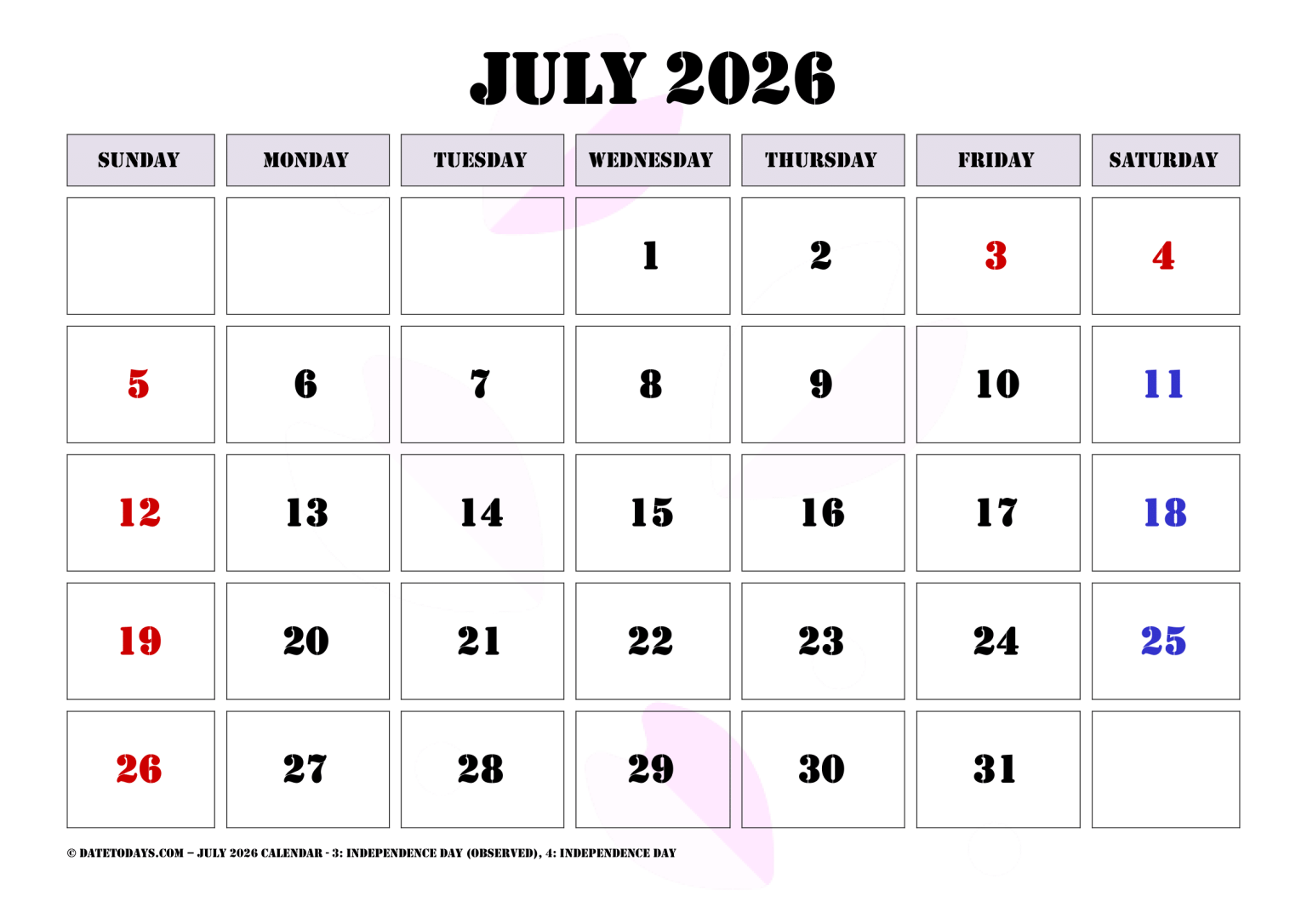 July 2026 Calendar with Holidays Printable PDF