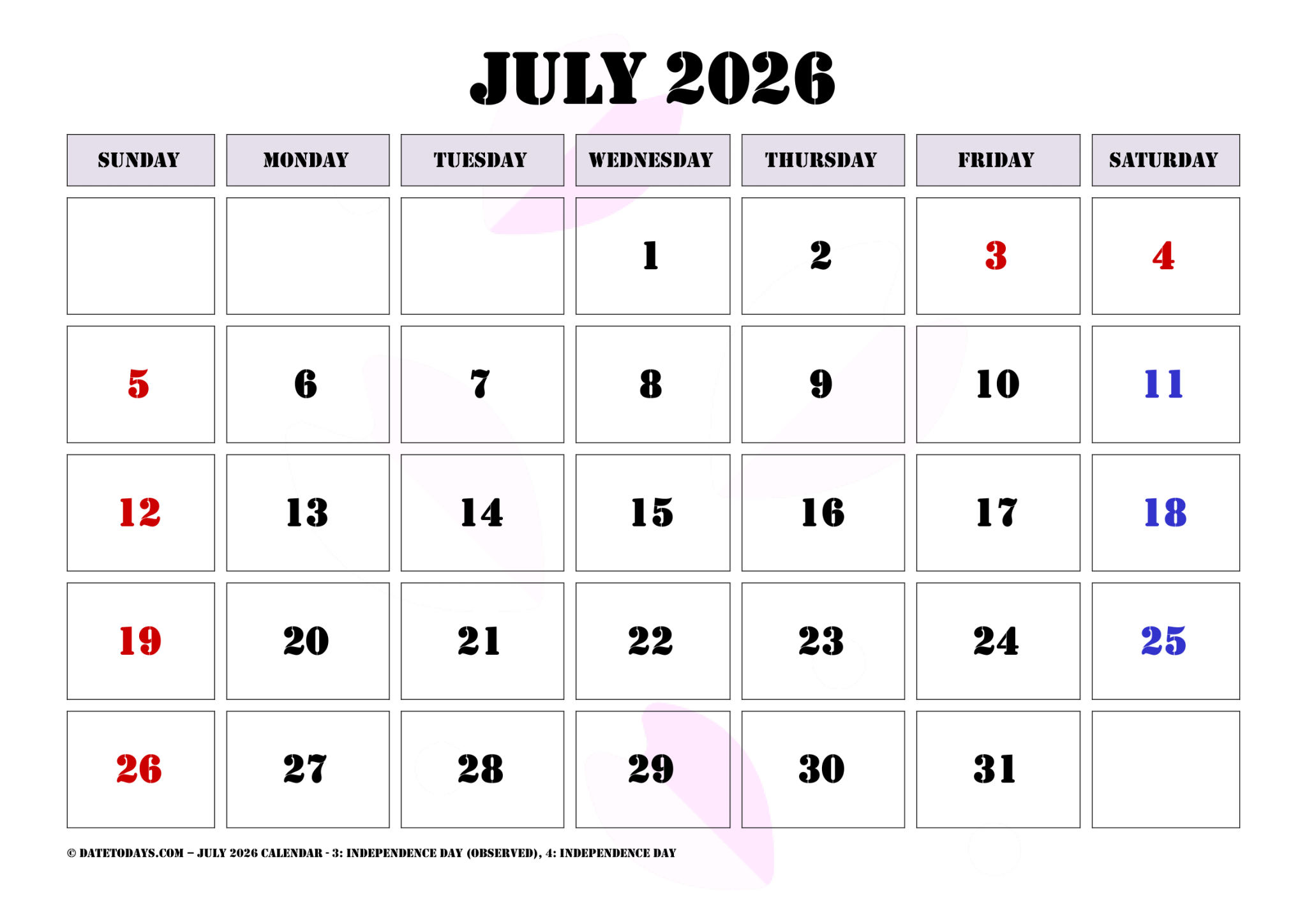 July 2026 Calendar with Holidays Printable PDF
