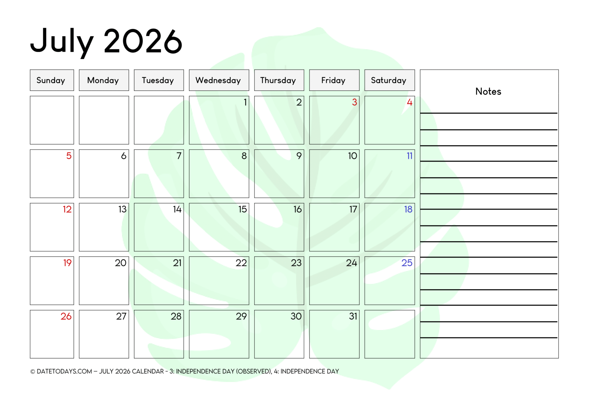 July 2026 Calendar with Holidays Printable PDF