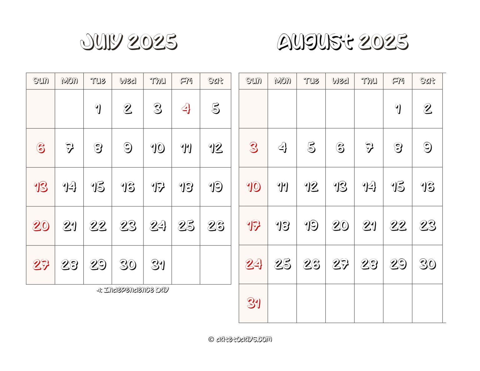 July August 2025 Calendars (2 Months Printable PDF)