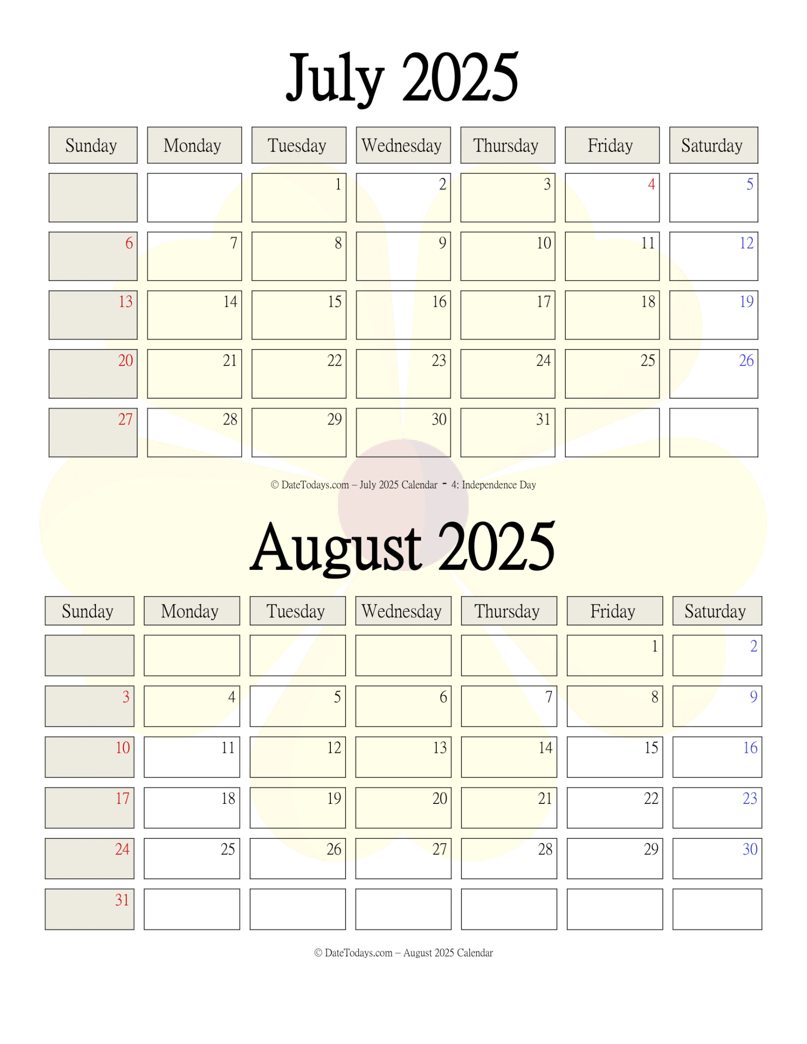July August 2025 Calendars (2 Months Printable PDF)