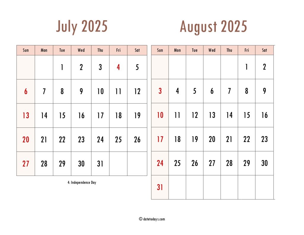 July August 2025 Calendars (2 Months Printable PDF)