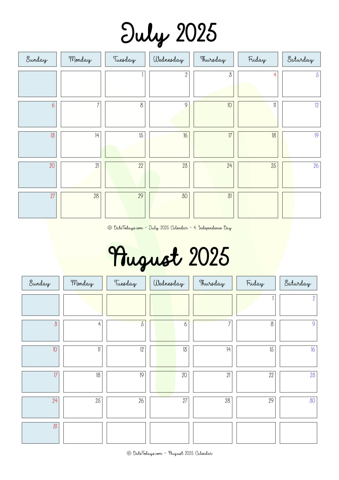 July August 2025 Calendars (2 Months Printable PDF)