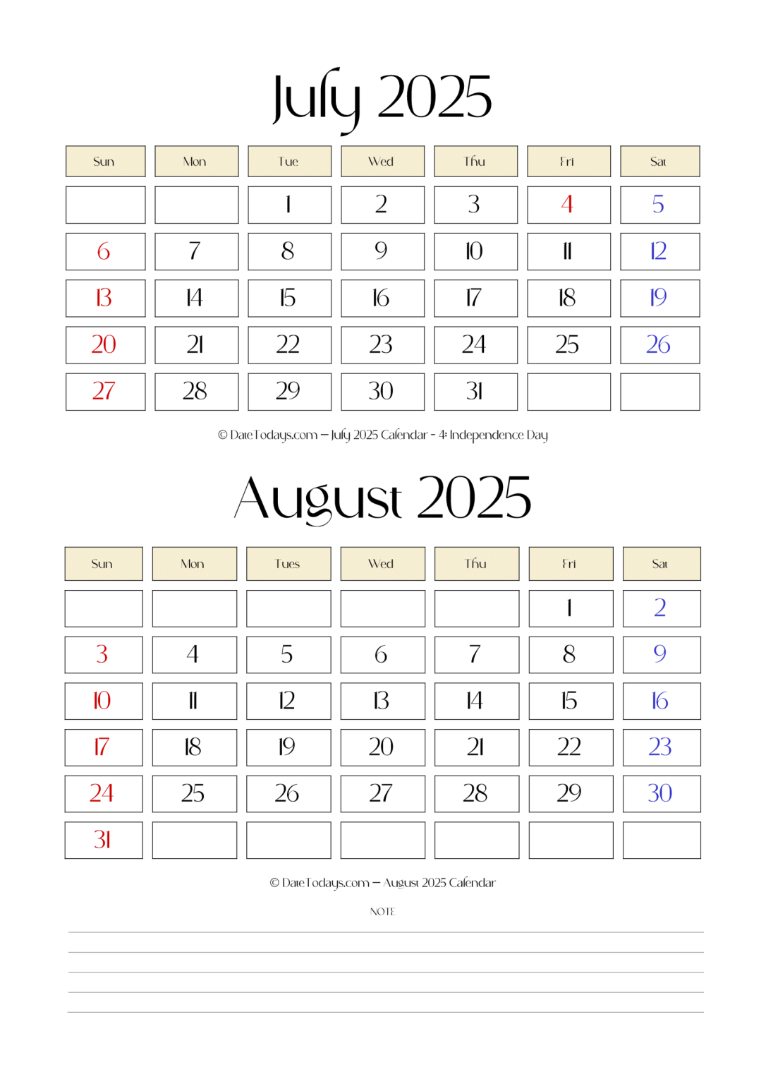 July August 2025 Calendars (2 Months Printable PDF)