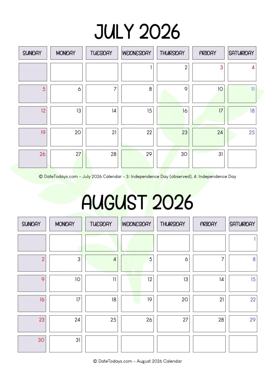 July August 2026 Calendar – 2 Month at a Glance with US Holidays