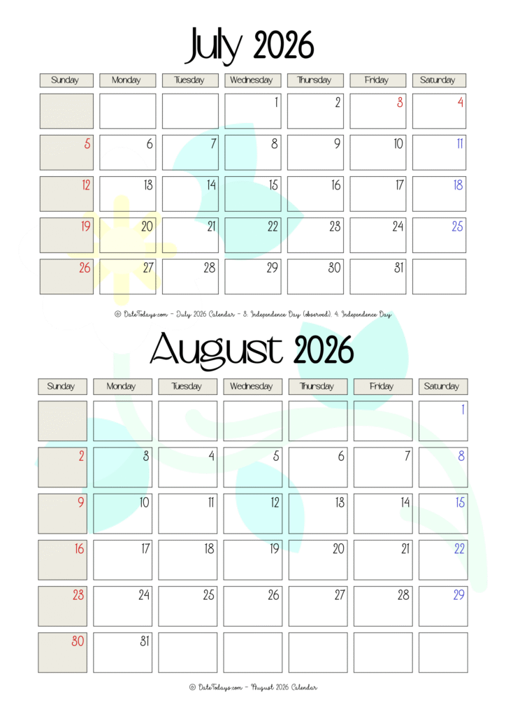 July August 2026 Calendar – 2 Month at a Glance with US Holidays