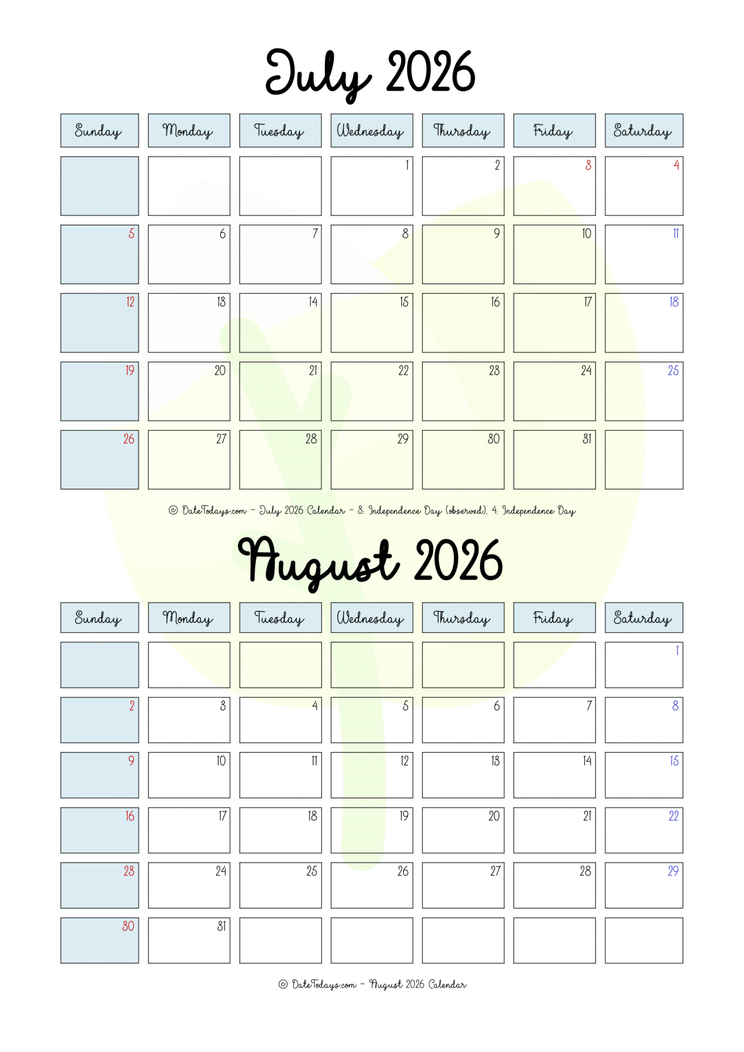 July August 2026 Calendar – 2 Month at a Glance with US Holidays