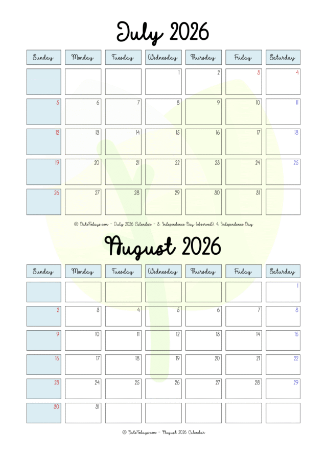 July August 2026 Calendar – 2 Month at a Glance with US Holidays