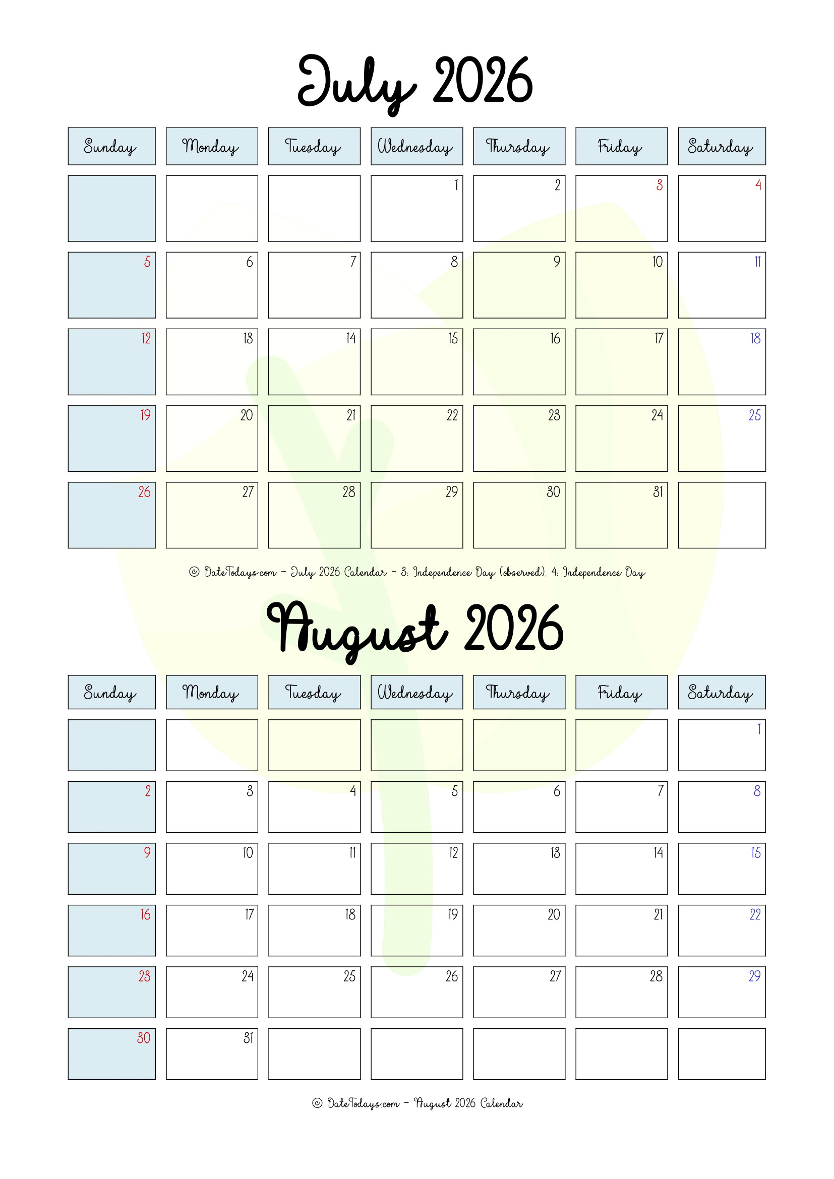 July August 2026 Calendar 2 Month At A Glance With US Holidays