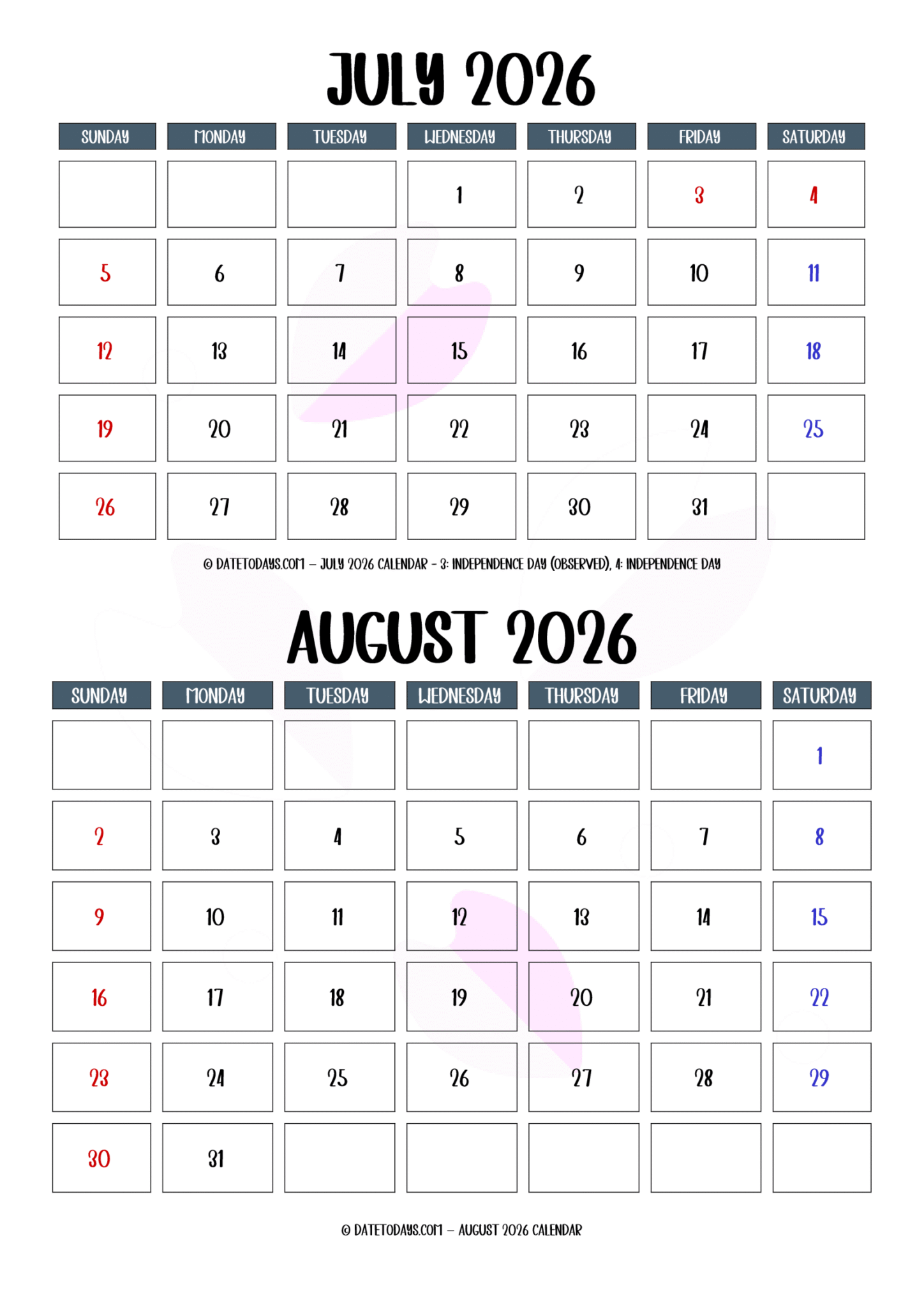 July August 2026 Calendar – 2 Month at a Glance with US Holidays