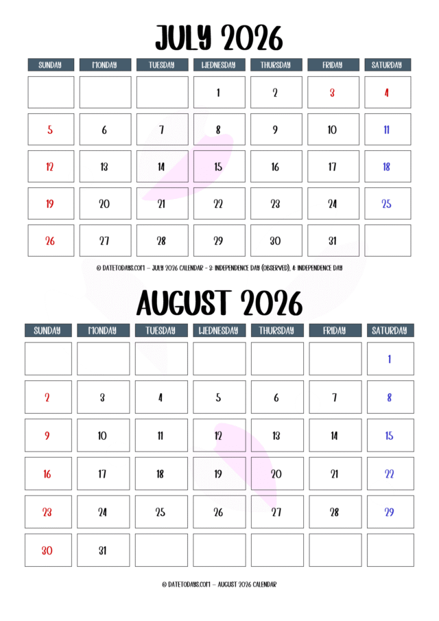 July August 2026 Calendar – 2 Month at a Glance with US Holidays