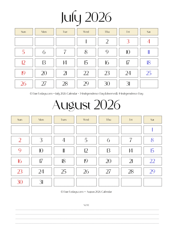 July August 2026 Calendar – 2 Month at a Glance with US Holidays