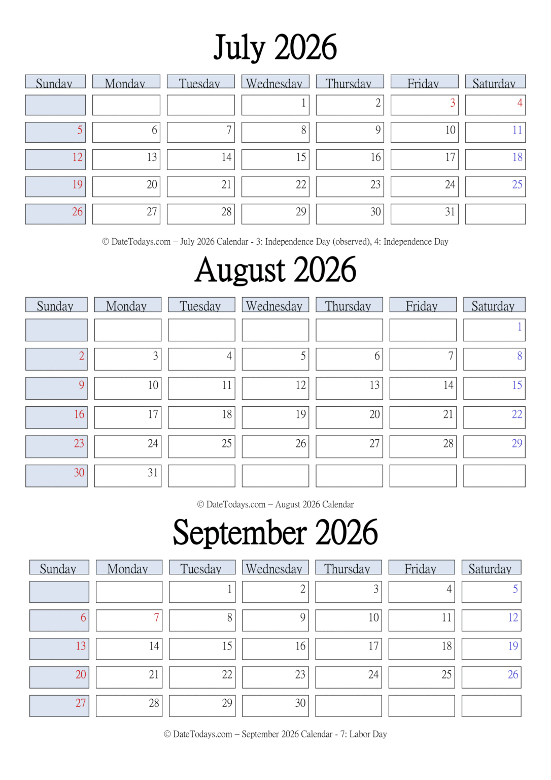 July August September 2026 Calendar Printable