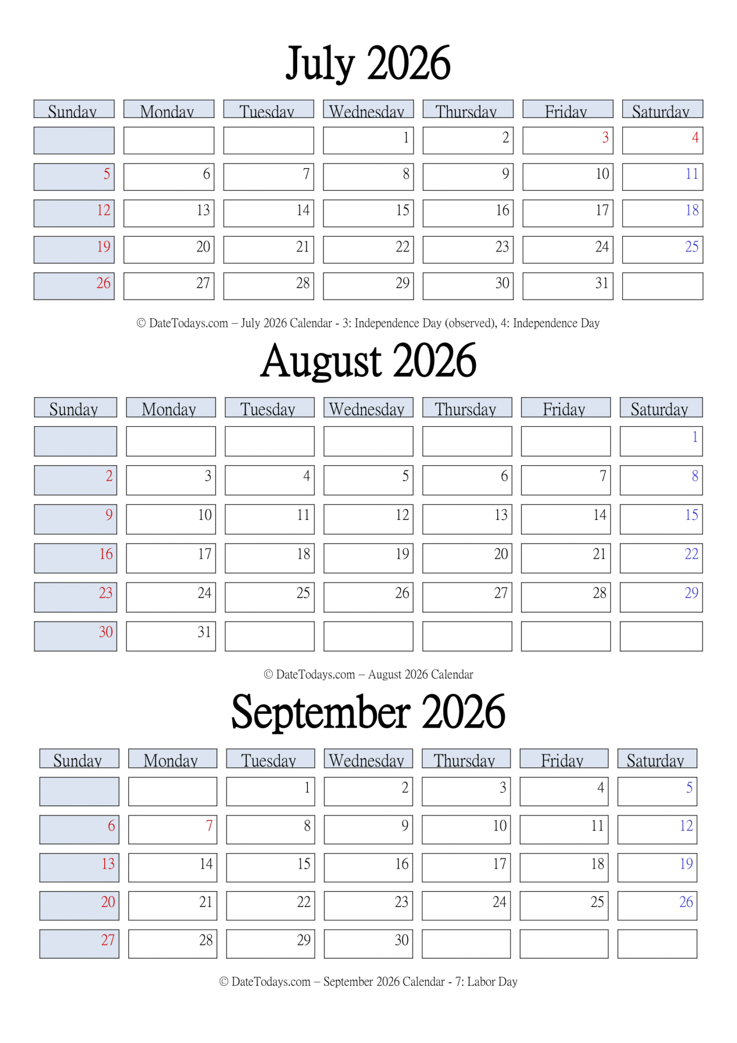 July August September 2026 Calendar Printable