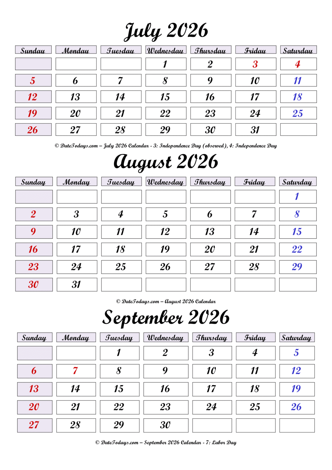July August September 2026 Calendar Printable
