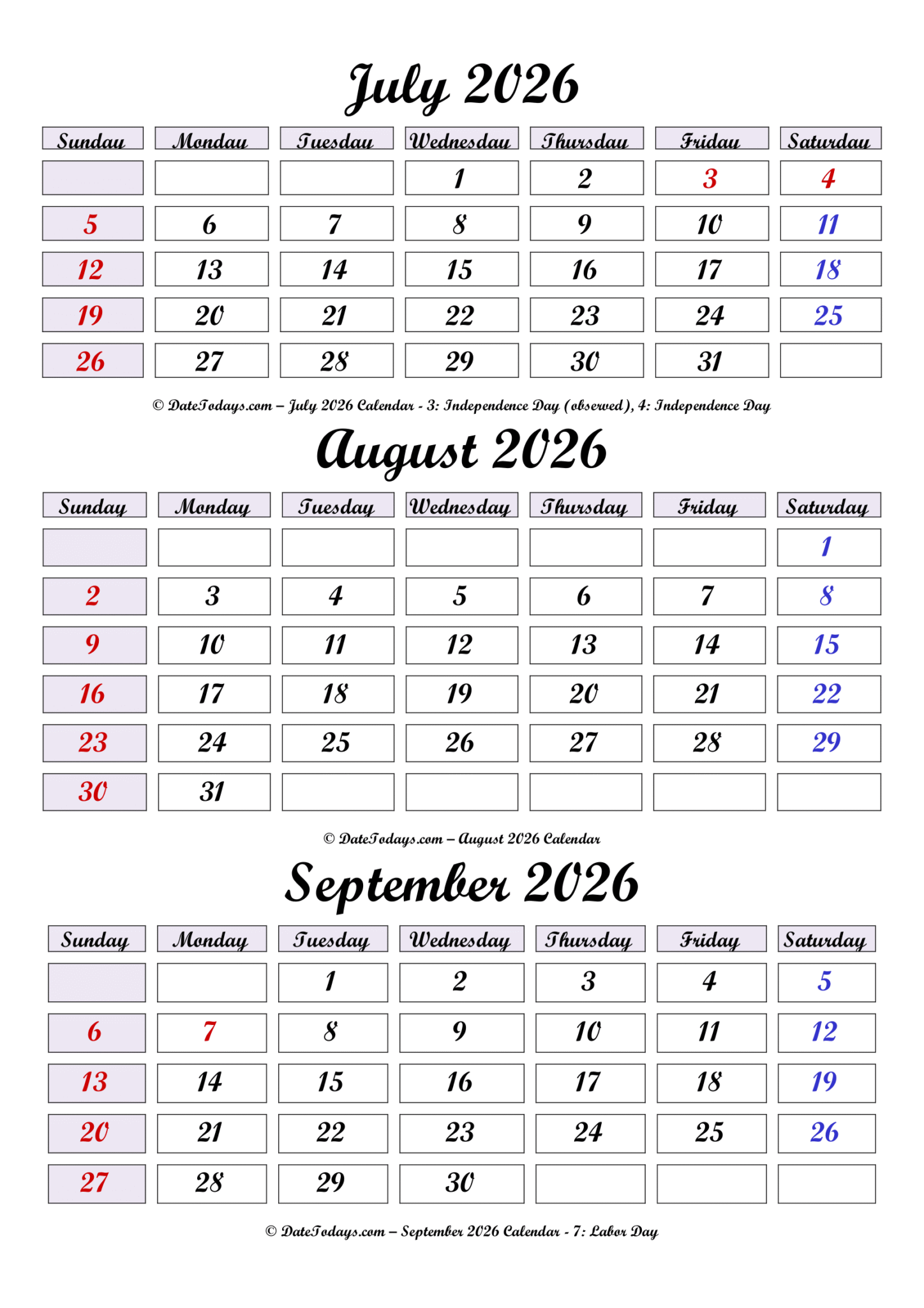 July August September 2026 Calendar Printable