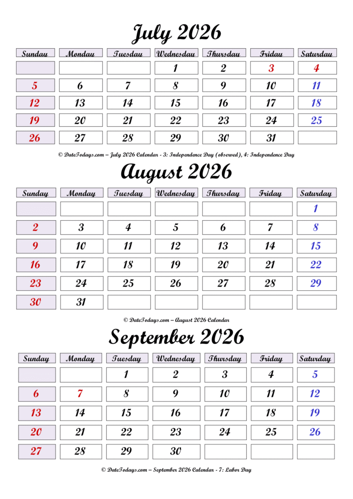 July August September 2026 Calendar Printable
