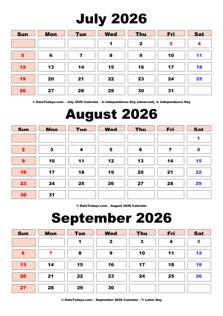 July August September 2026 Calendar Printable