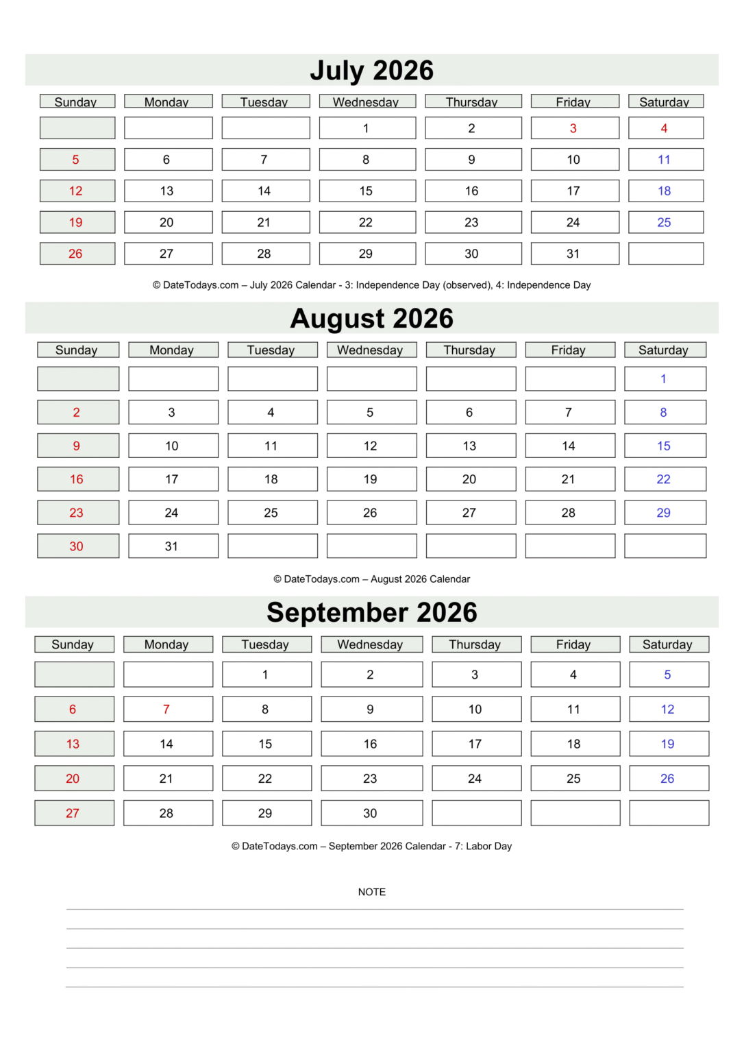 July August September 2026 Calendar Printable
