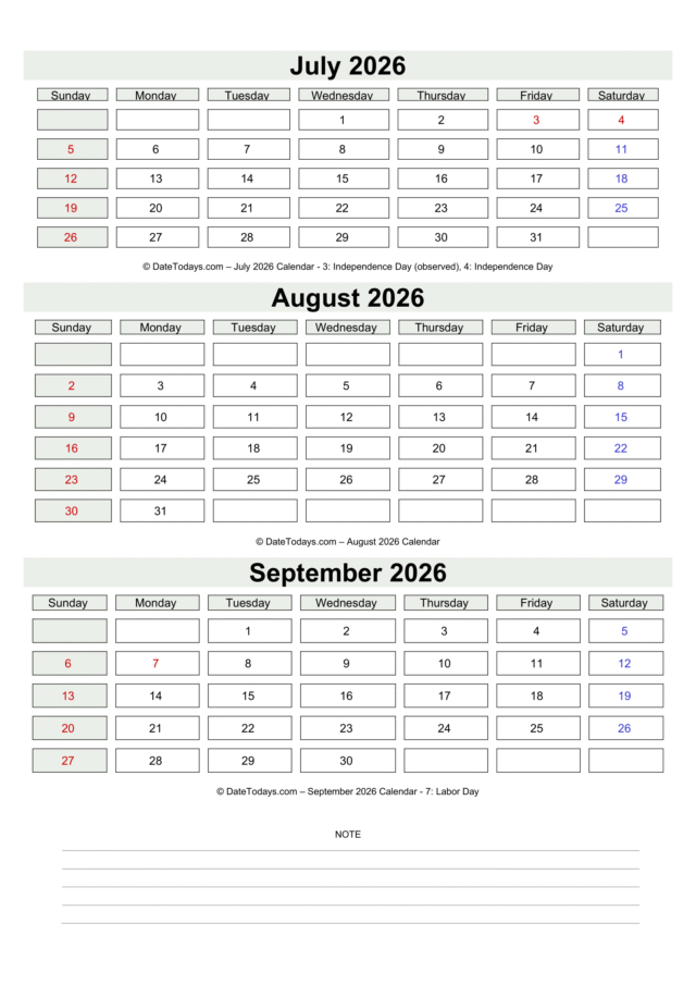 July August September 2026 Calendar Printable