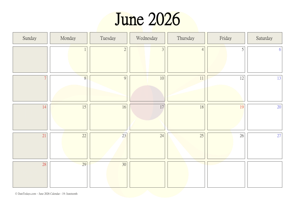 Free June 2026 Calendar With Holidays Printable Pdf